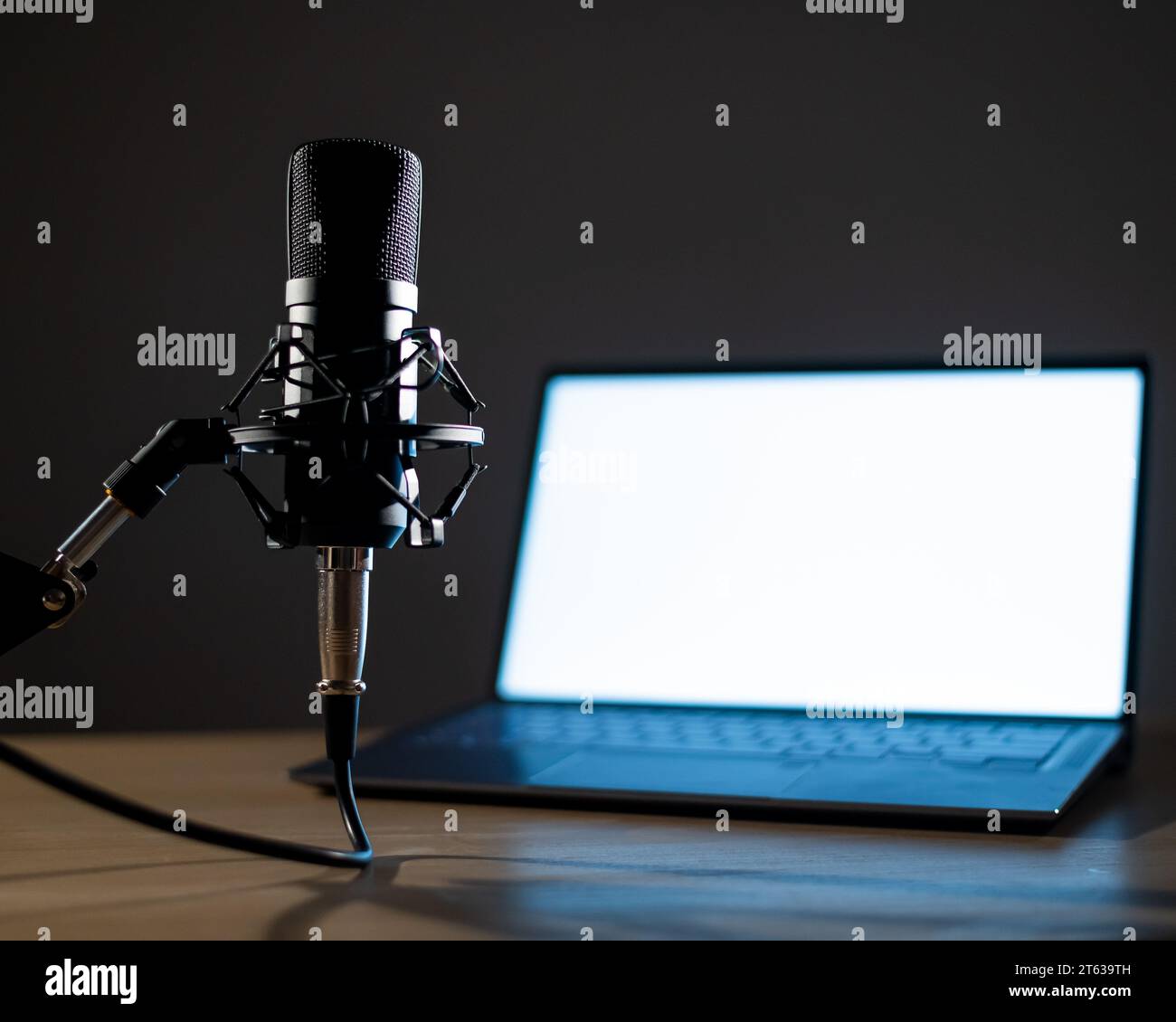 Professional microphone and laptop with white screen in the dark ...