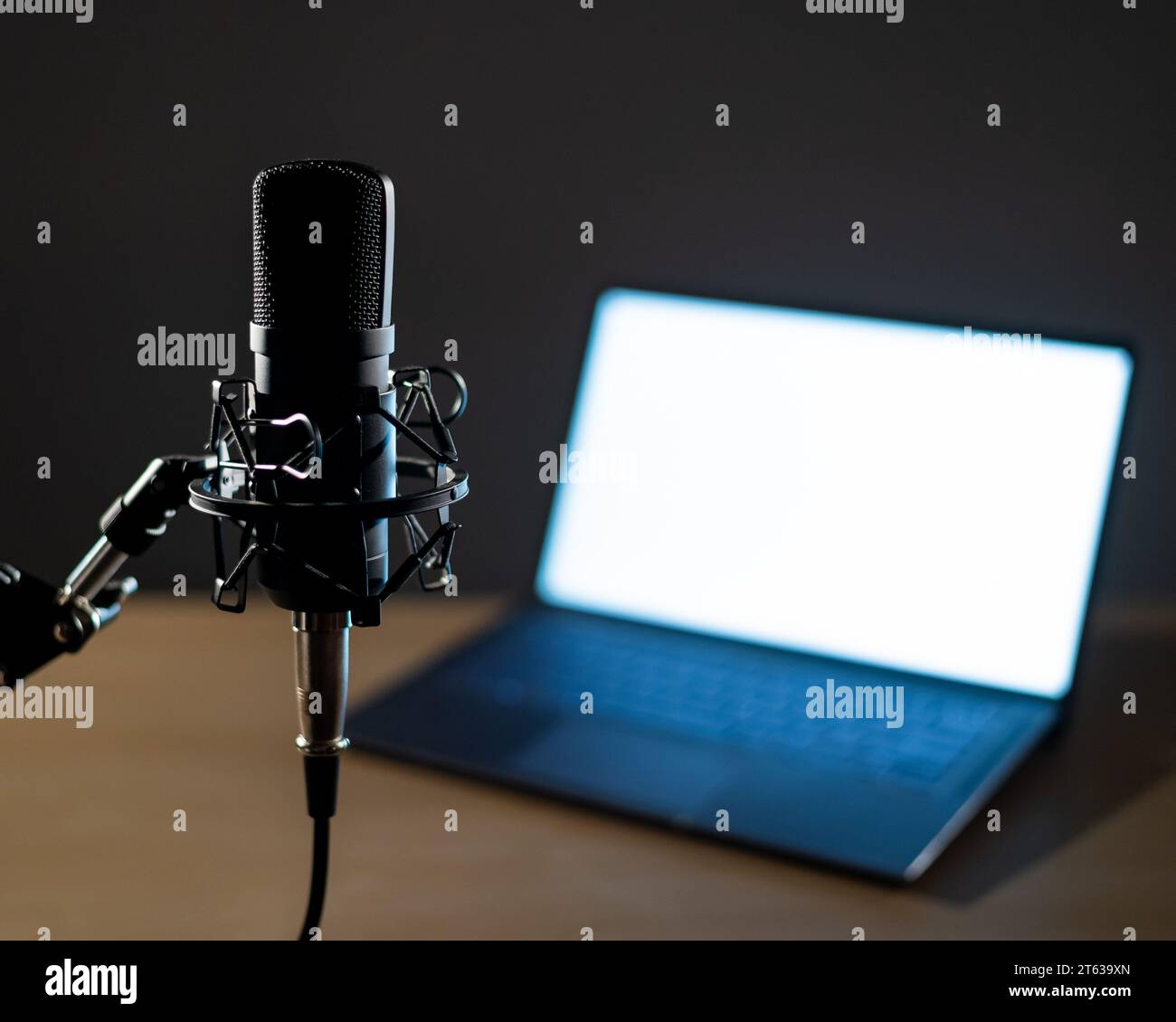 Professional microphone and laptop with white screen in the dark ...