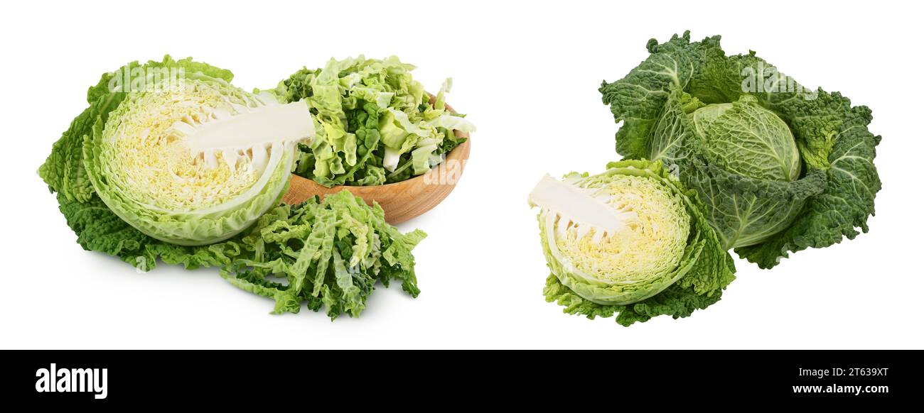 Savoy cabbage half and chopped in wooden bowl isolated on white ...