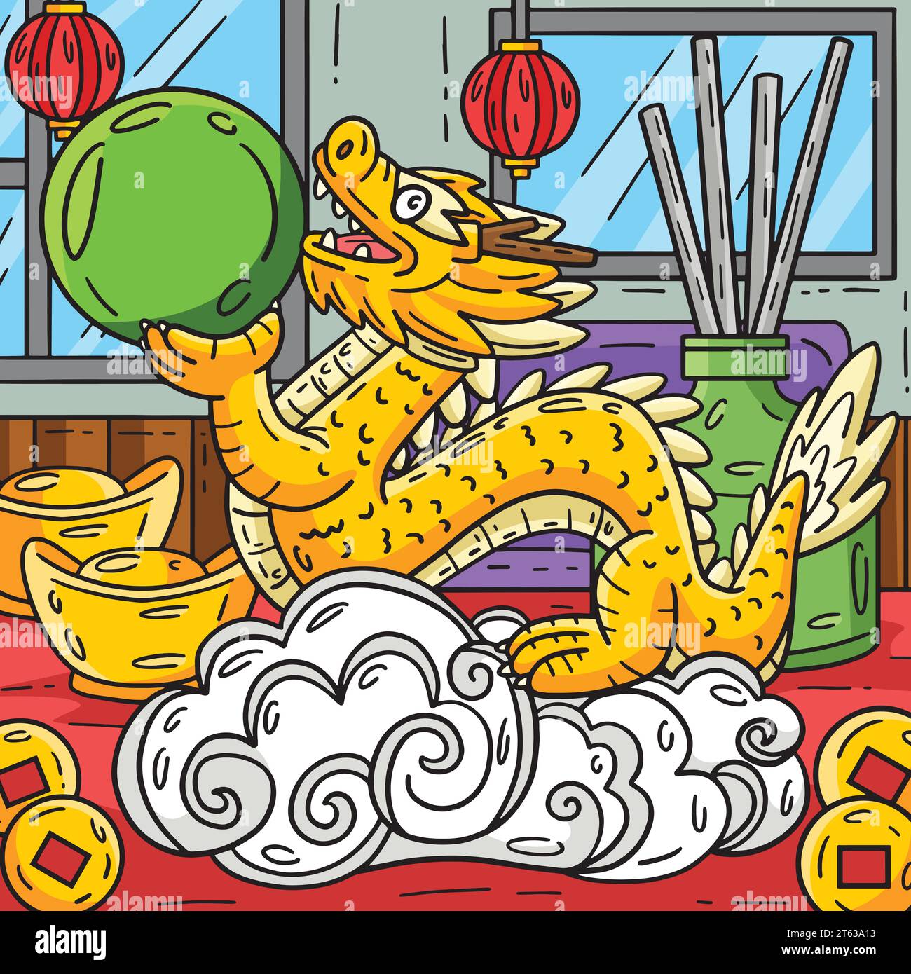 Year of the Dragon with Jade Orb Colored Cartoon Stock Vector Image ...