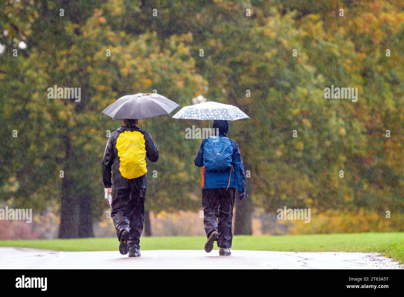 People walking in the rain under umbrellas, during Autumn time in the ...