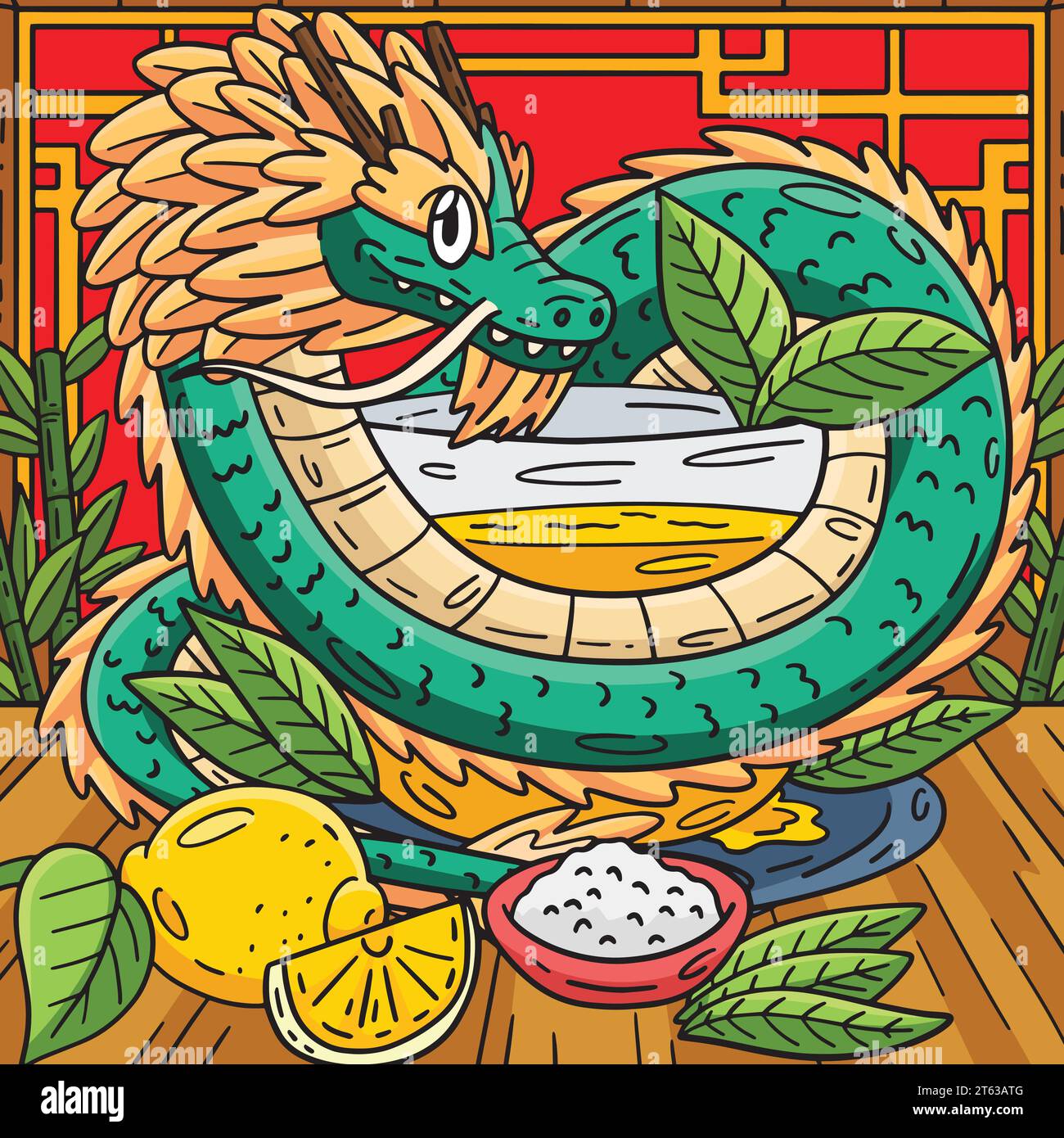 Year of the Dragon with Tea Cup Colored Cartoon Stock Vector Image ...