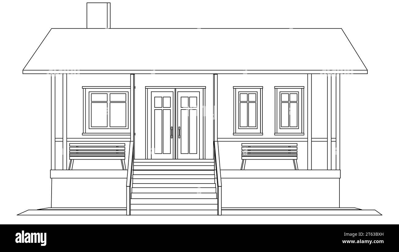 Outline of one-story house with porch and benches isolated on white ...