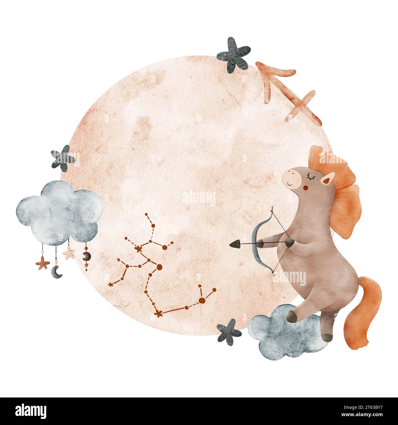 Watercolor children's composition of zodiac sign Sagittarius, cloud ...