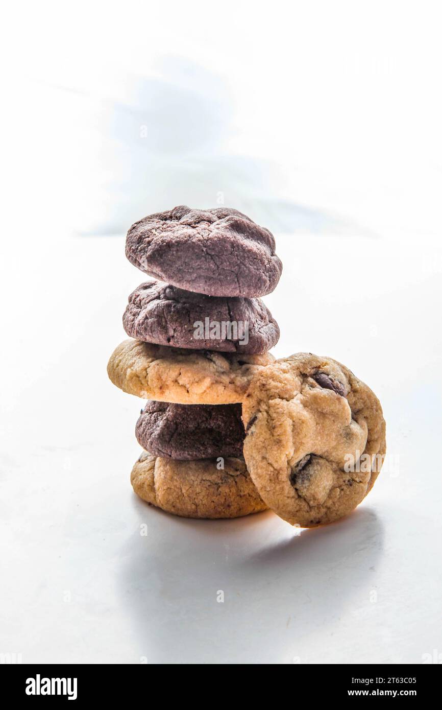 Chocolate chip and brownie cookie stack one on top of the other Stock ...