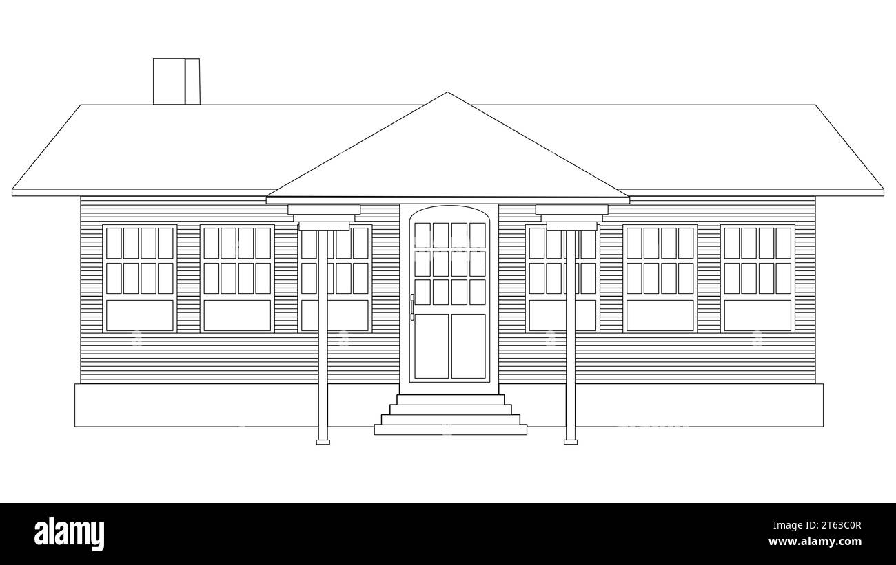 Black outline of one-story house with porch and canopy isolated on ...