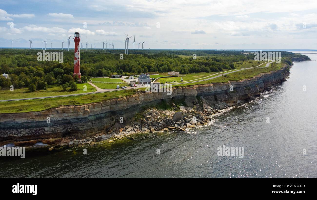 aerial view of old lighthouse and windmill farm on beautiful limestone ...
