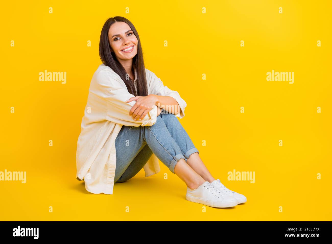 Full body profile photo of adorable peaceful lady sit floor empty space ...