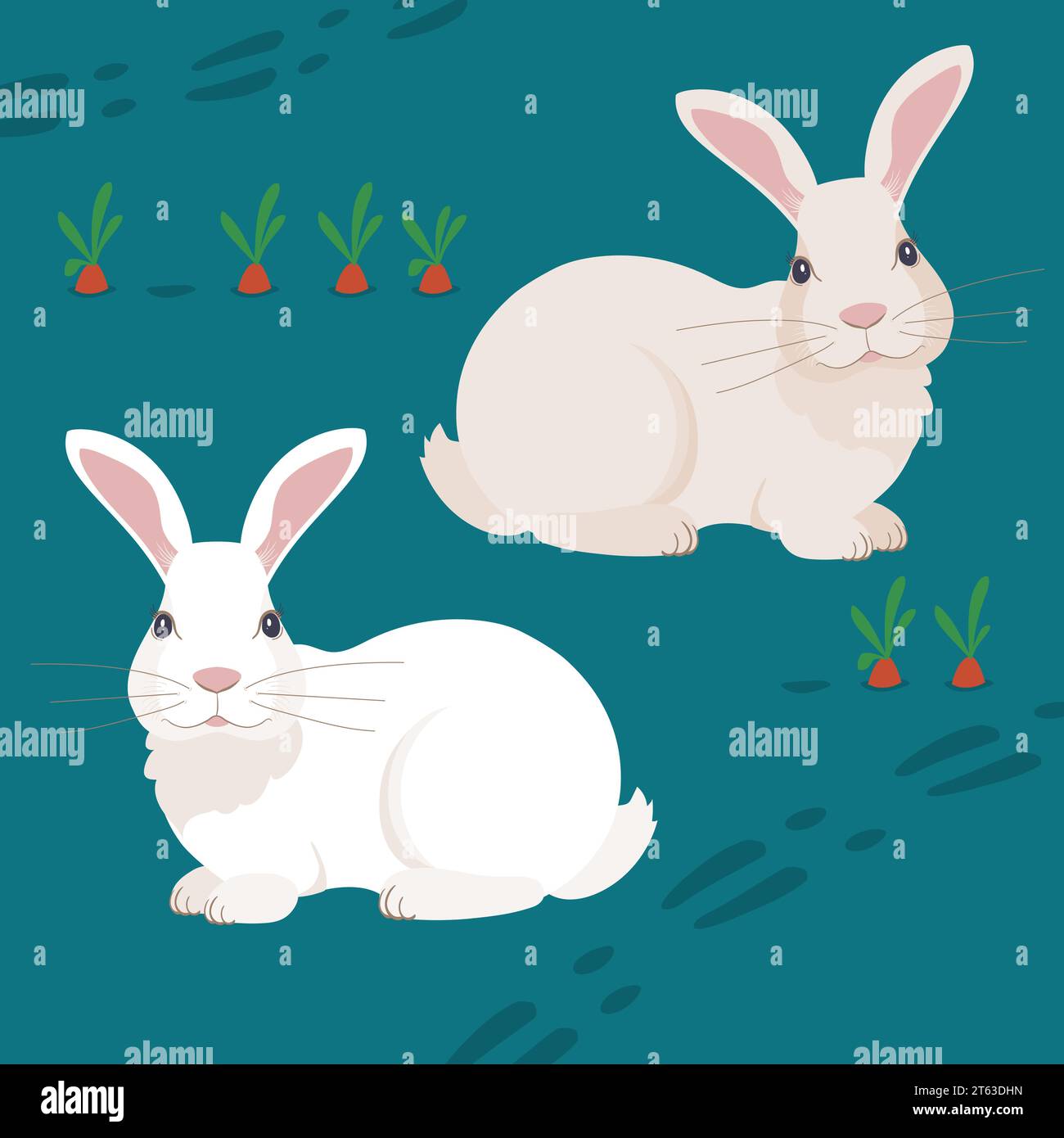 Vector graphics of two rabbits on a carrot bed. Illustration of white ...