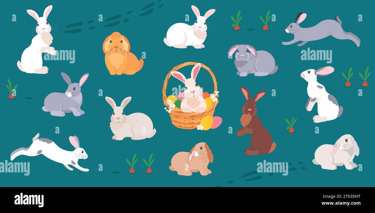 A large set of cartoon rabbits. Sitting and running bunnies. Vector ...