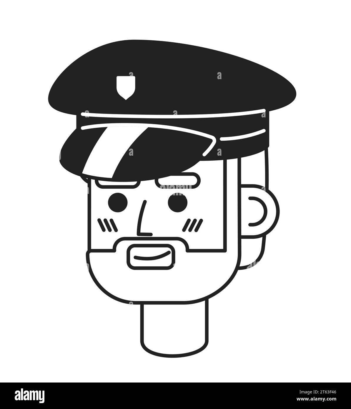 Caucasian man police officer hat black and white 2D vector avatar ...