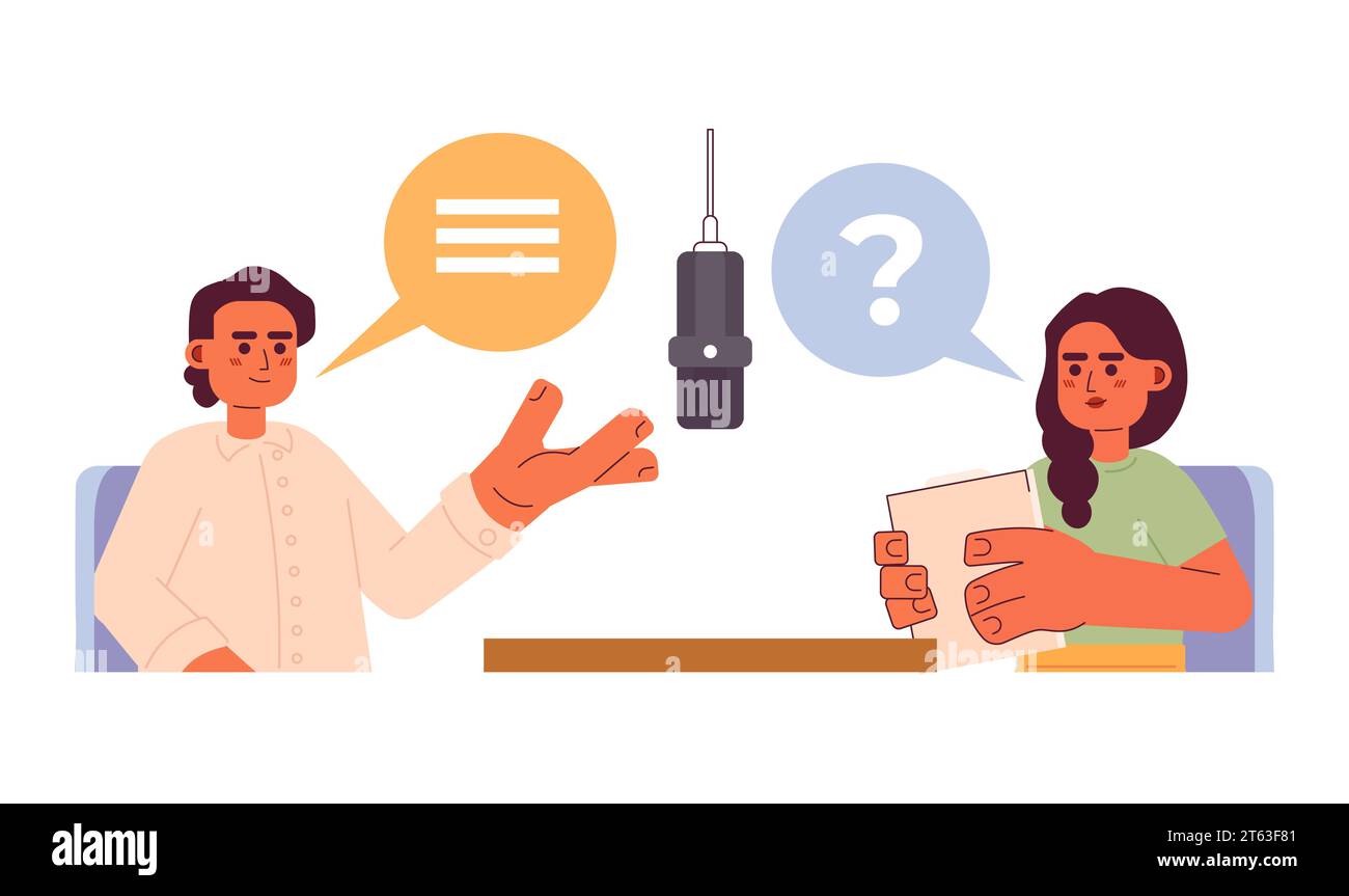 Female podcast host interviewing guest man 2D cartoon characters Stock ...