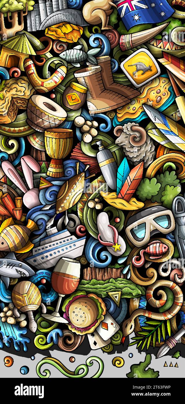 Cartoon vector doodle Australia background. Funny Australian colorful ...