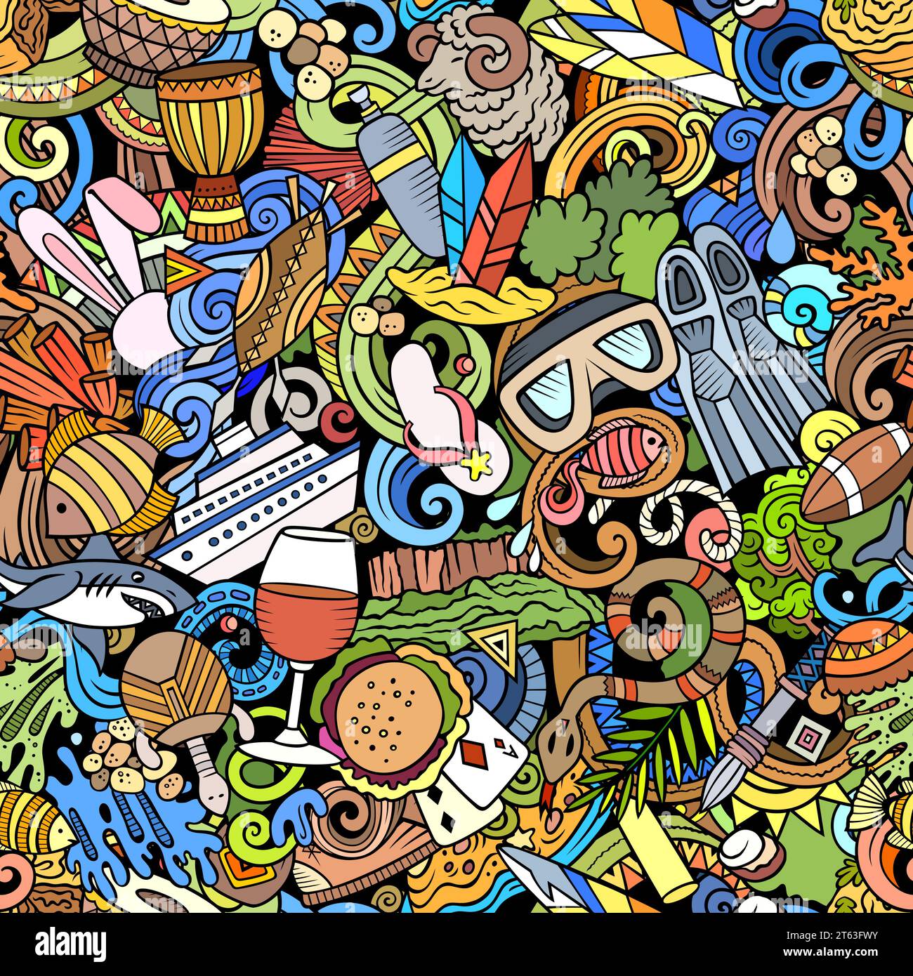 Cartoon doodles Australia seamless pattern. Backdrop with Australian ...