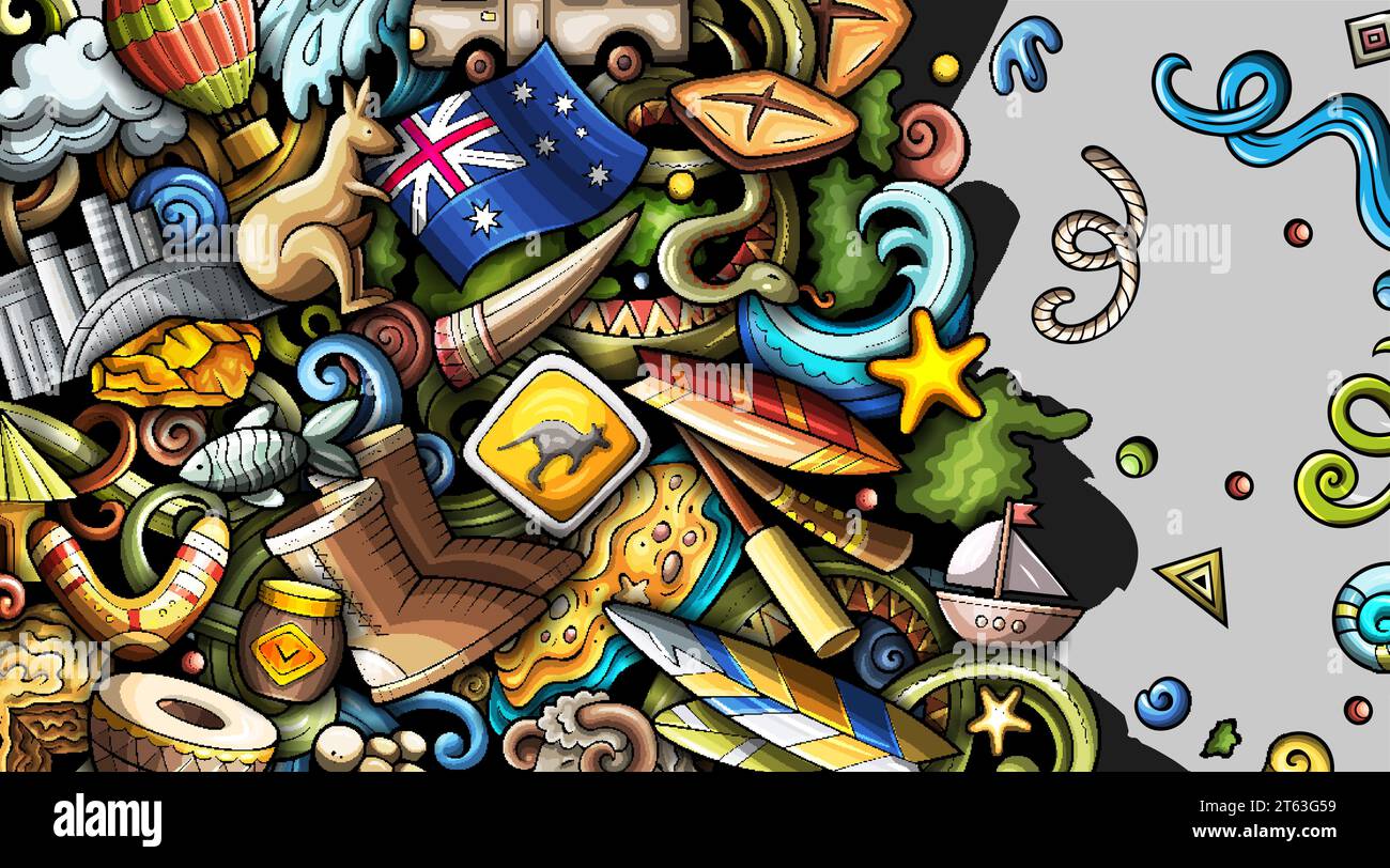 Cartoon vector doodle Australia background. Funny Australian colorful ...