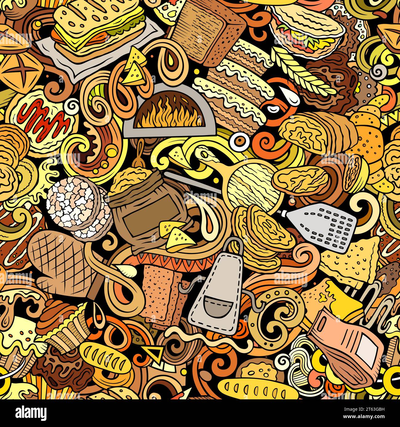 Cartoon vector doodles on the subject of bakery seamless pattern ...
