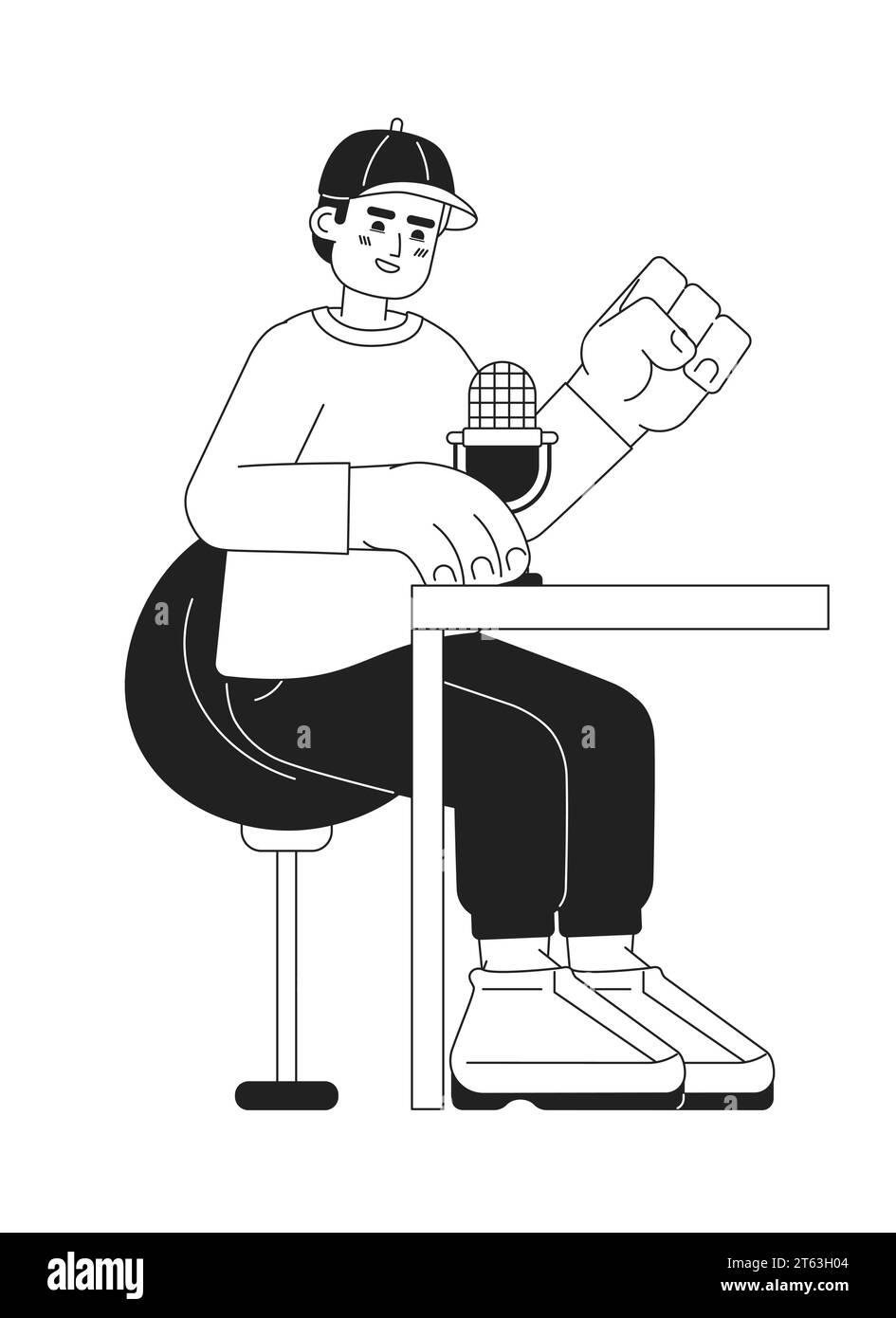 Baseball cap man speaking into microphone podcast black and white 2D ...