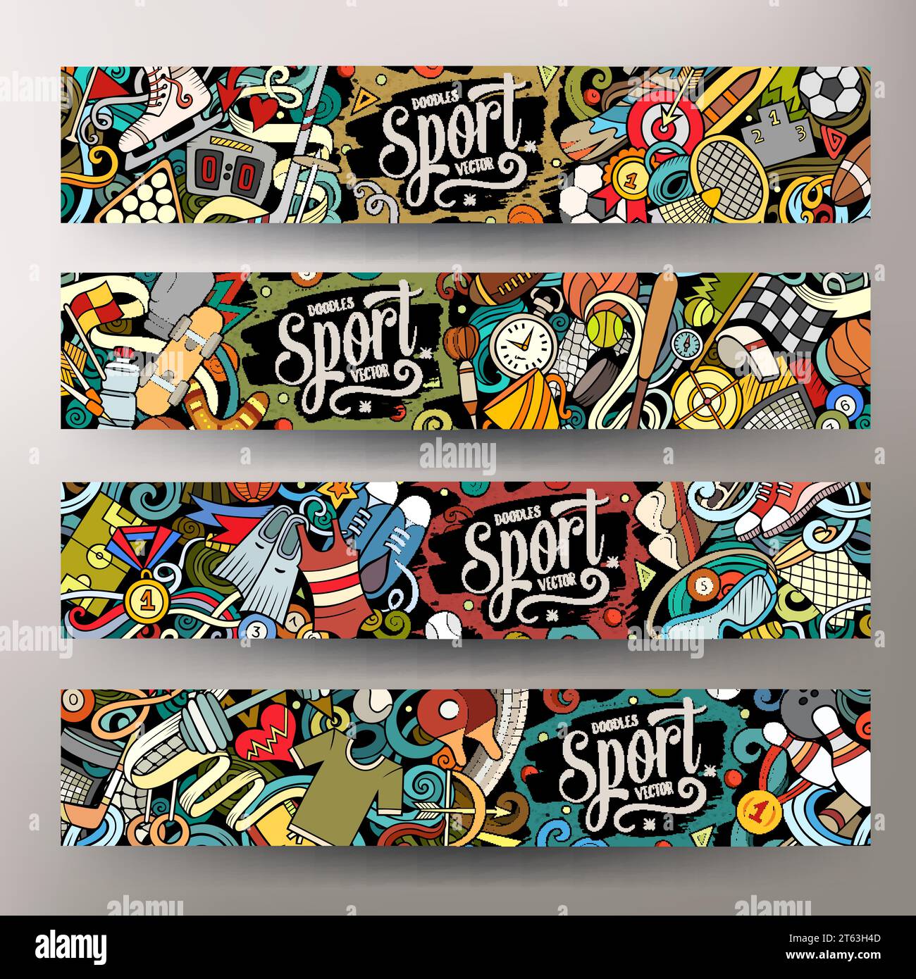Sports doodle banners set. Cartoon detailed flyers. Activities identity ...