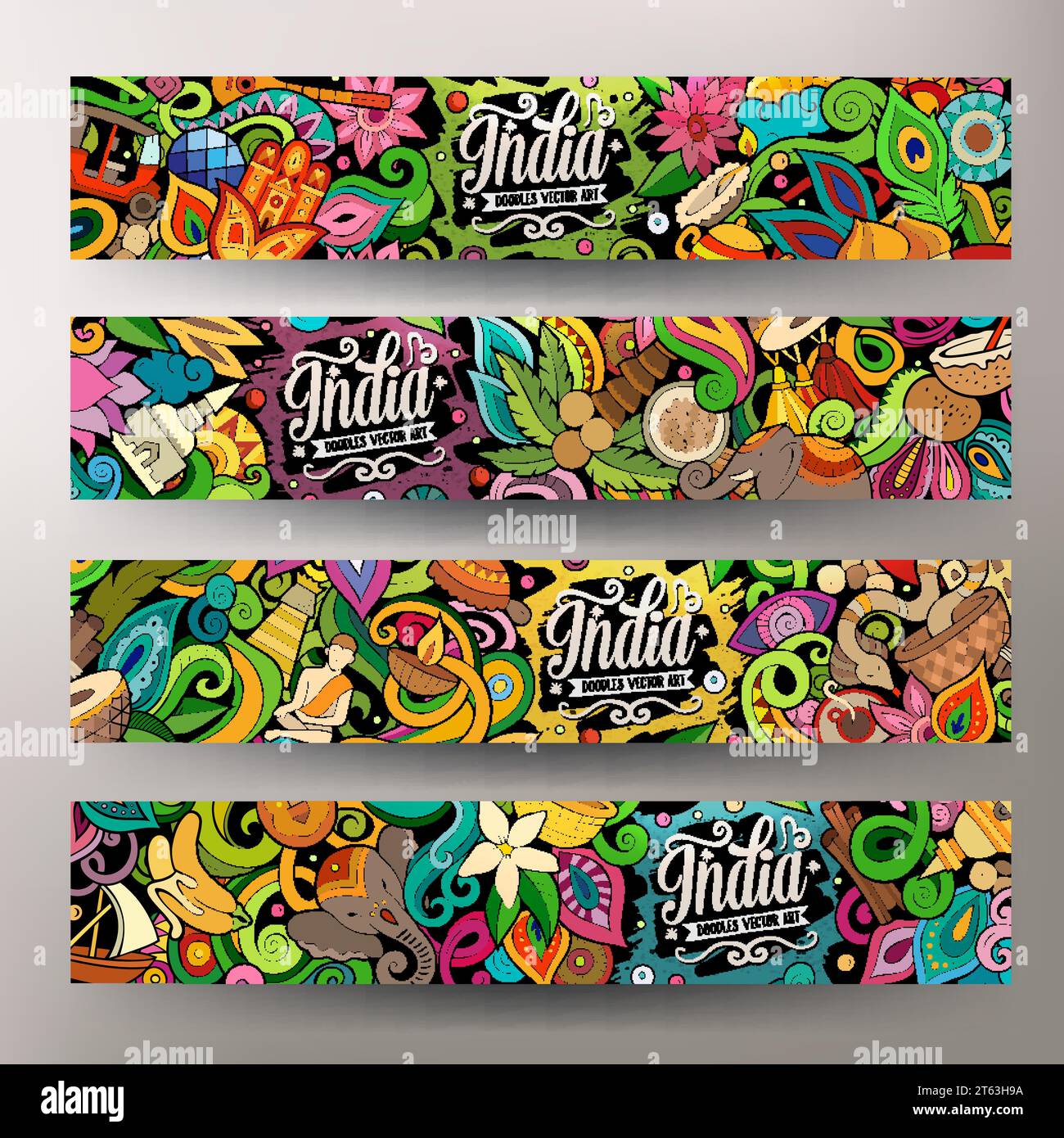 India doodle banners set. Cartoon detailed flyers. Indian culture ...