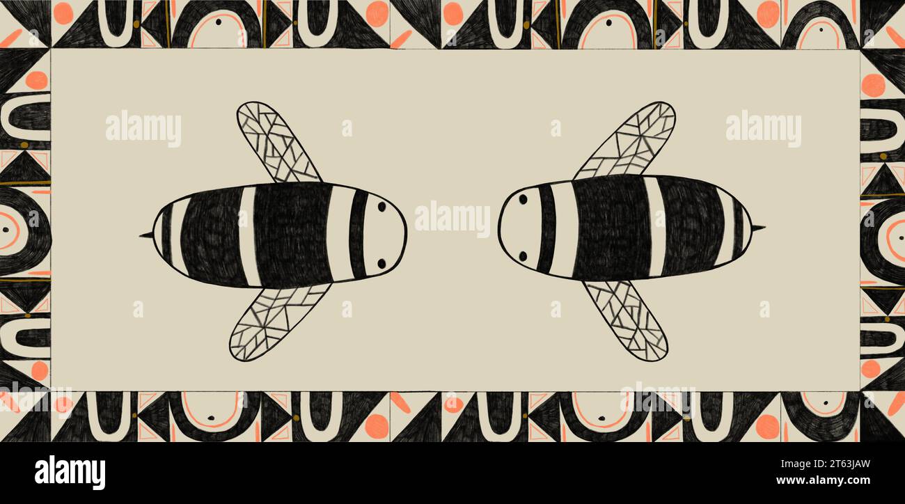 Illustration of honeybees with abstracts designs and geometric shapes ...