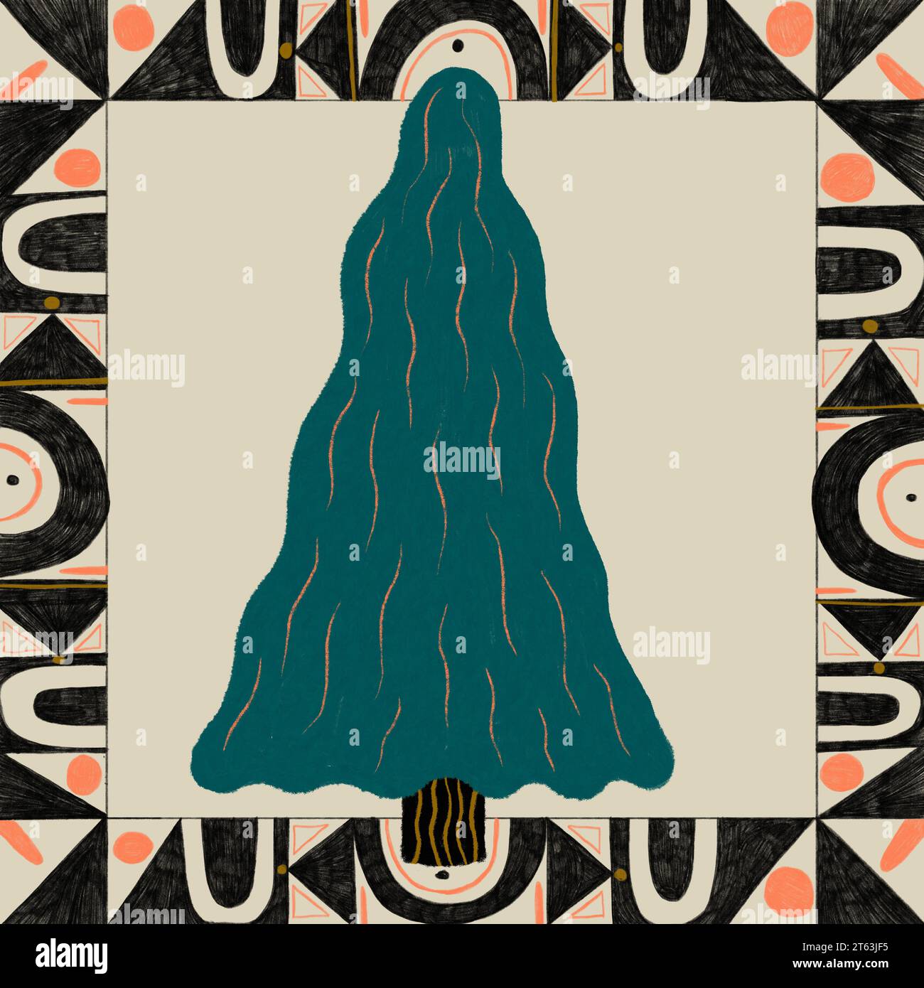 Illustration of christmas tree with seamless patterns in border on ...