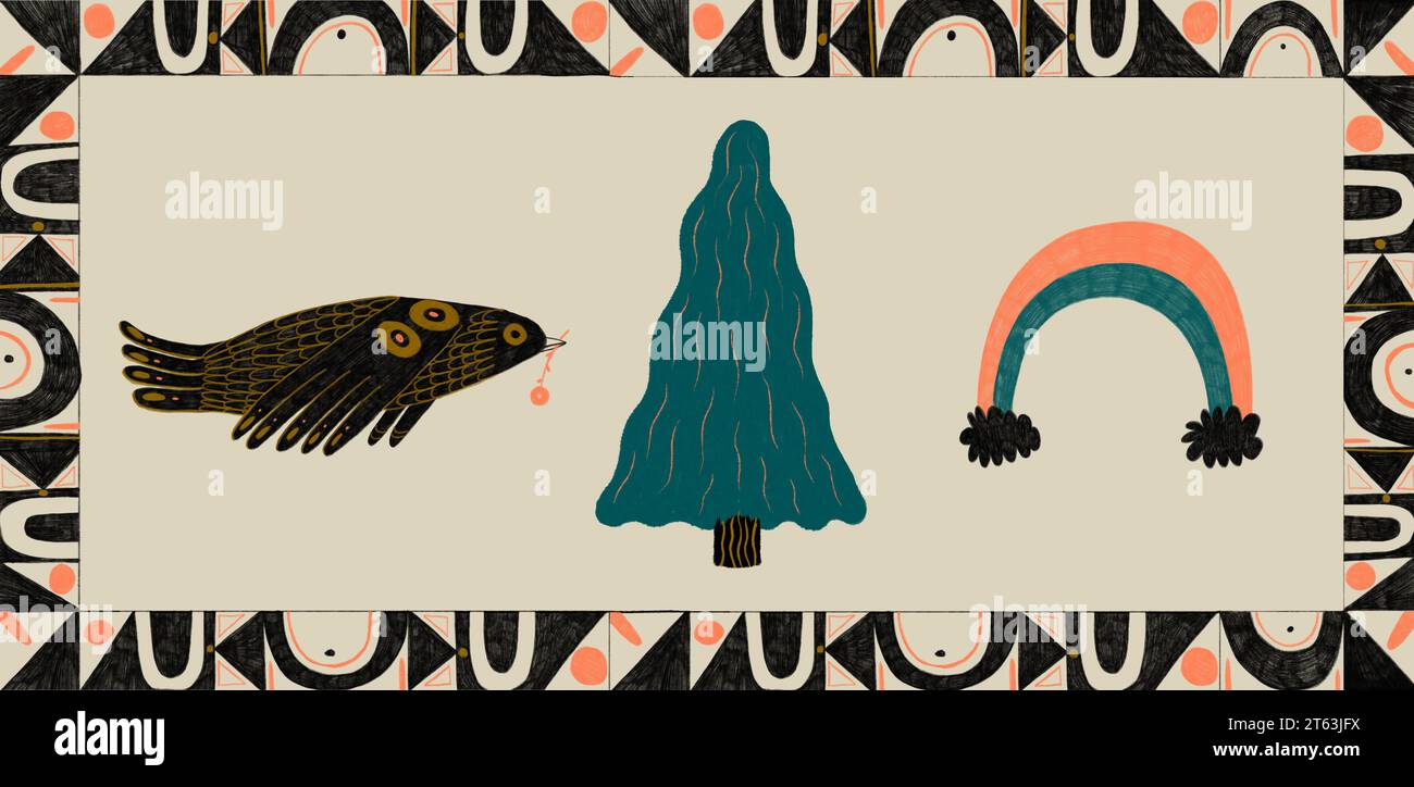 Illustration of swimming fish with rainbow and pine tree with seamless ...