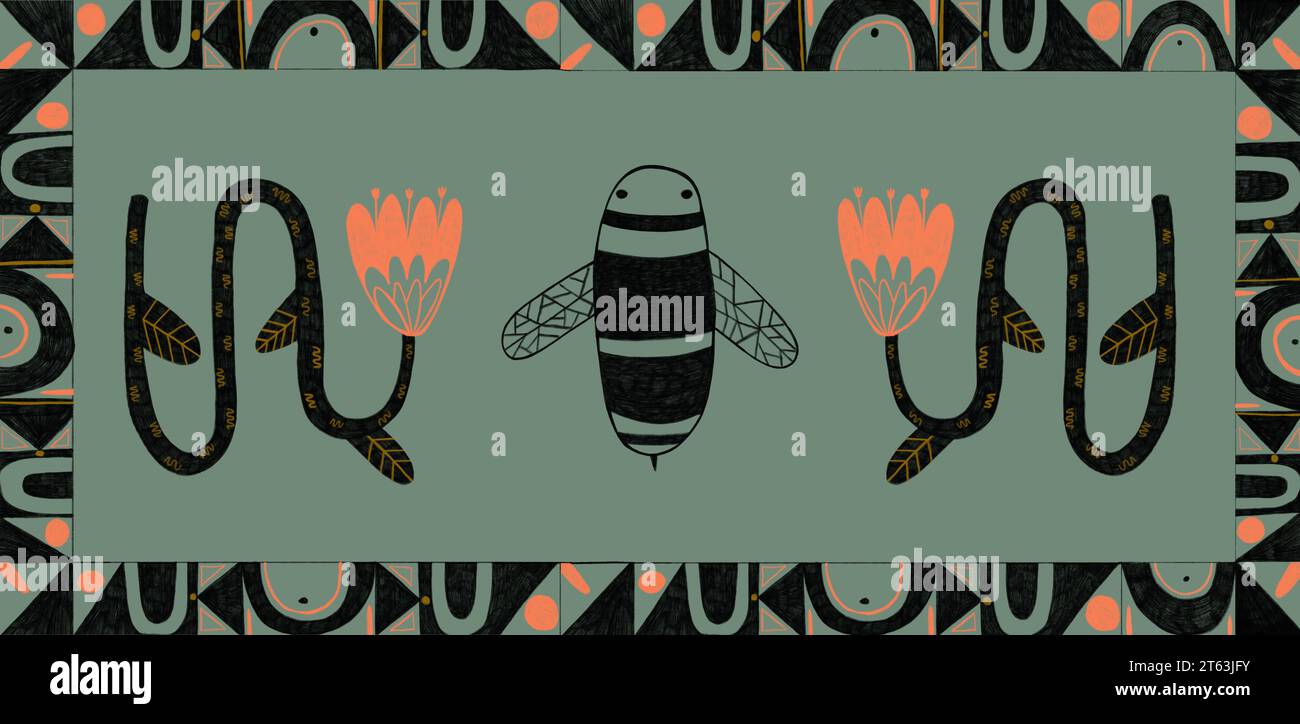 Illustration of black honeybee and orange flowers with abstract ...