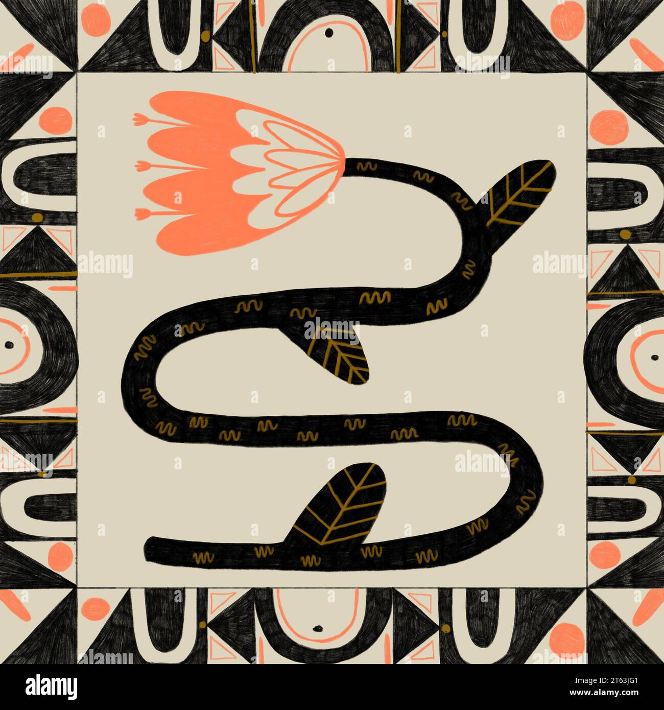 Illustration of orange flower with black spiral stem and leaves with ...