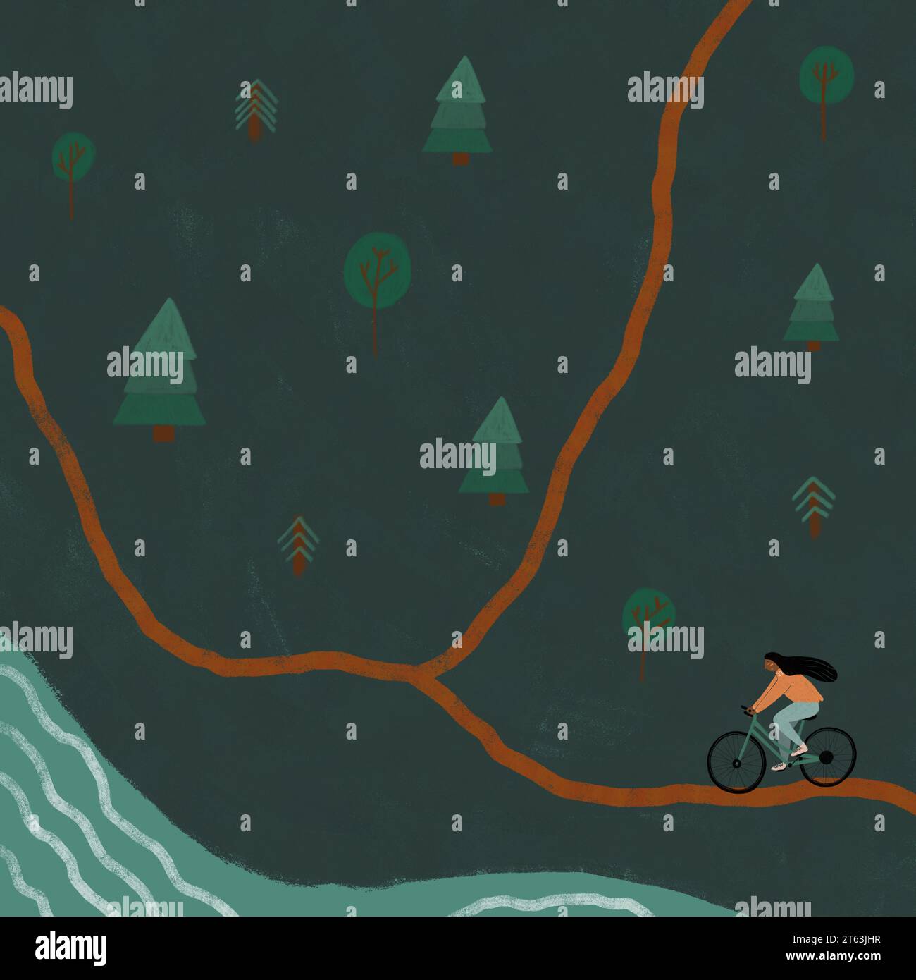 Illustration of a ethnic woman with long hair cycling amidst tall pine ...
