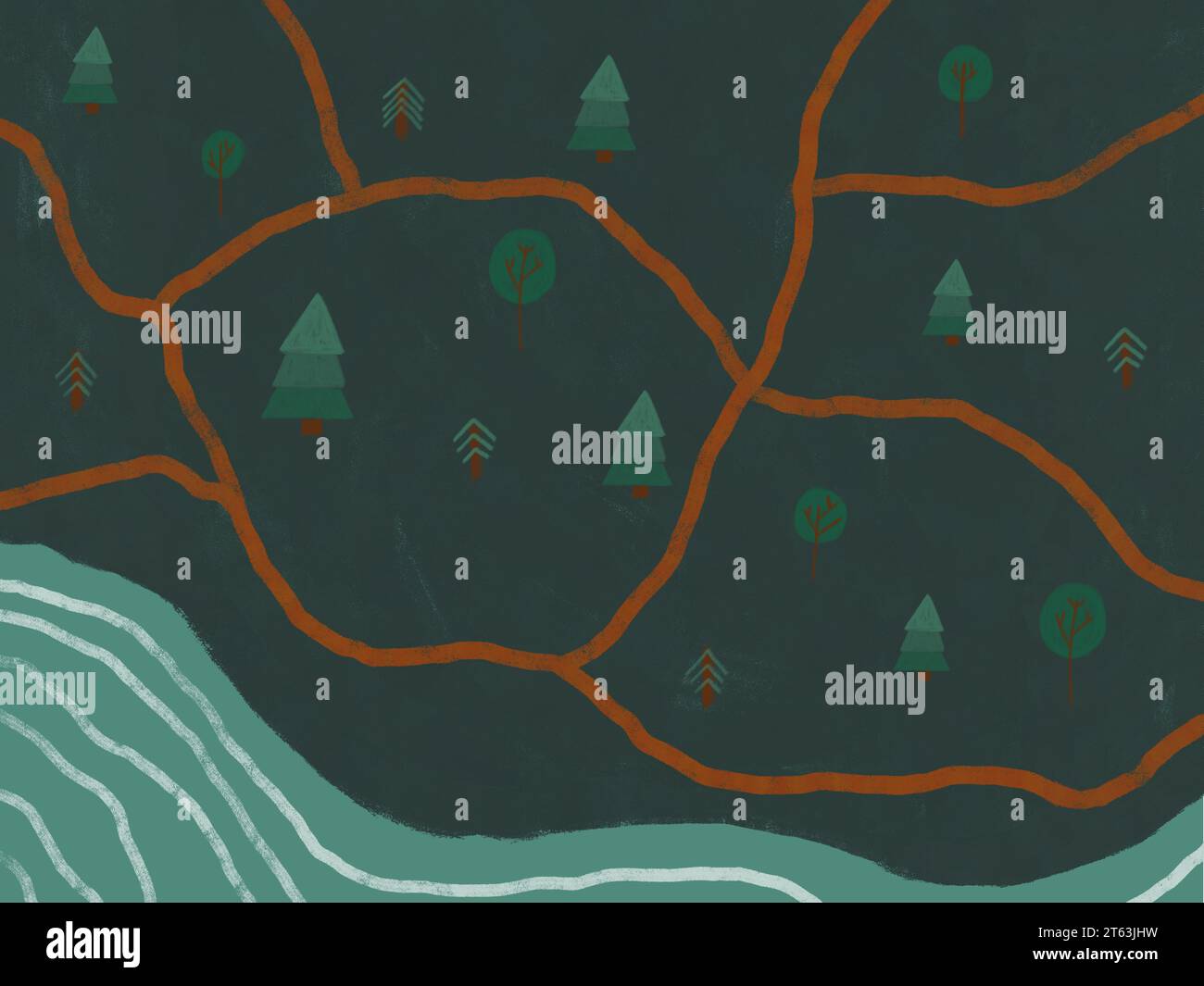 Illustration of a forest map with winding orange pathways beside a ...