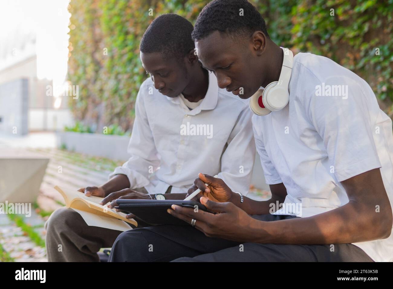 Serious two black young men focusing on their studies one with a book ...