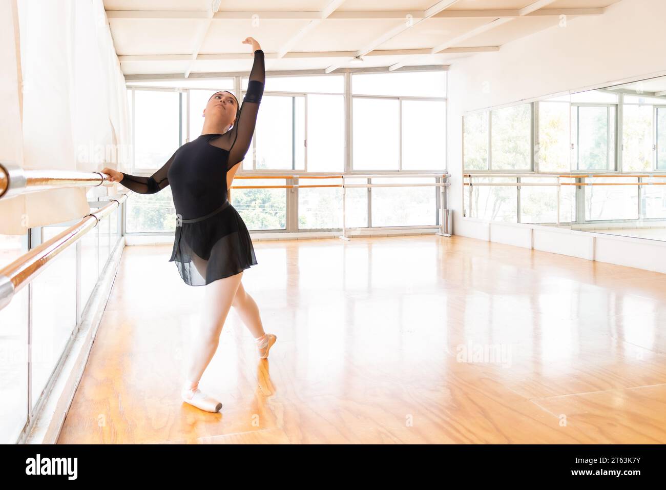 Full body of focused ballet dancer gracefully extends her arm upward ...