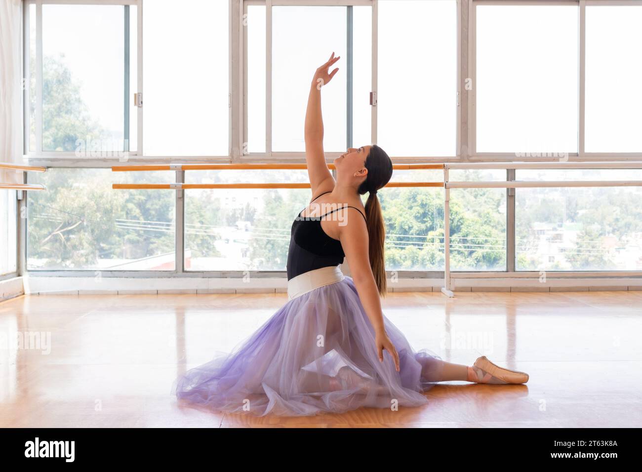 Focused ballet dancer in a black leotard with a unique back design on ...
