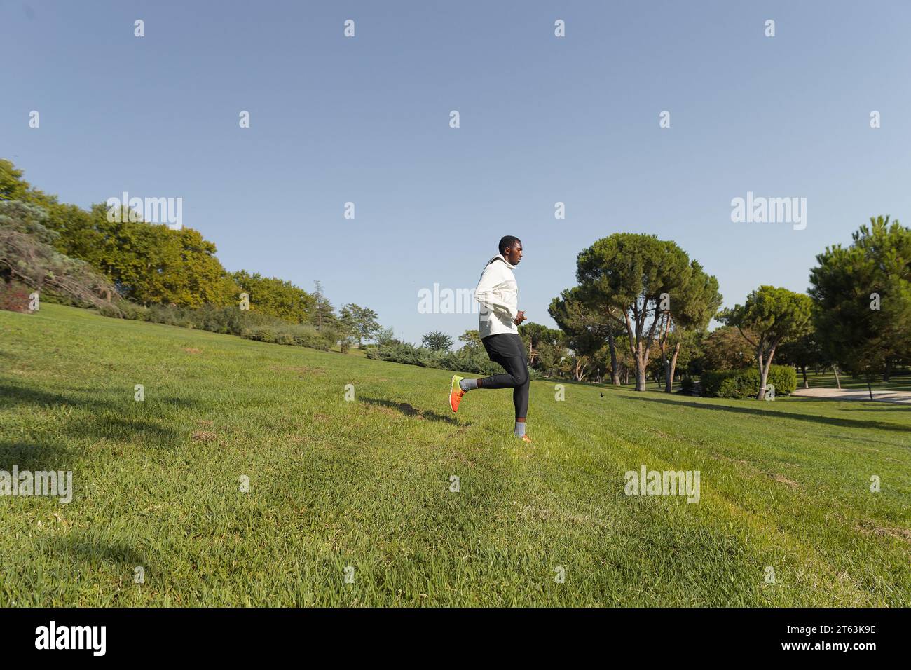 Black man jogging in a scenic park, with trees lining the pathway and a ...