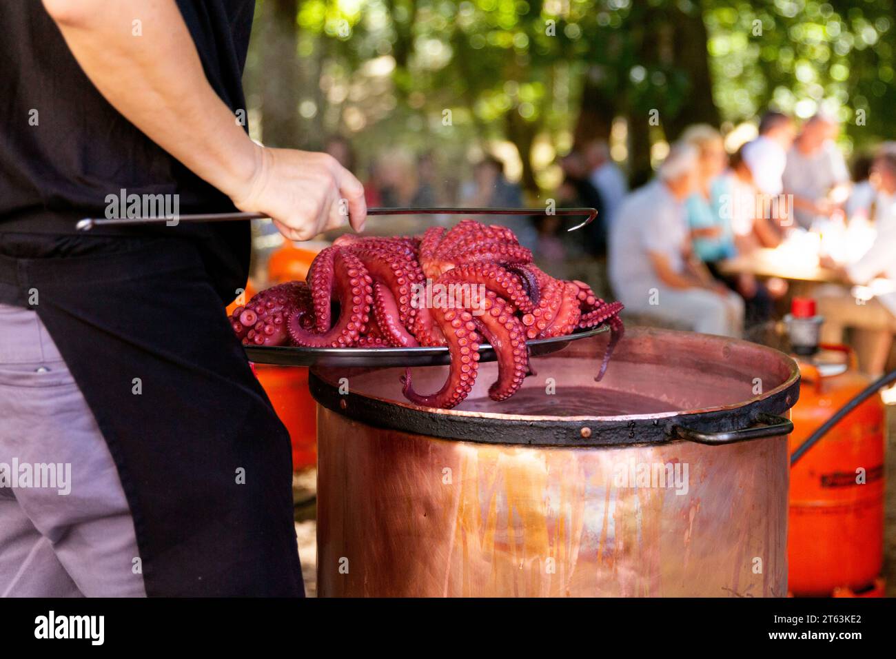 Anonymous chef in an outdoor setting expertly lifts a freshly cooked ...