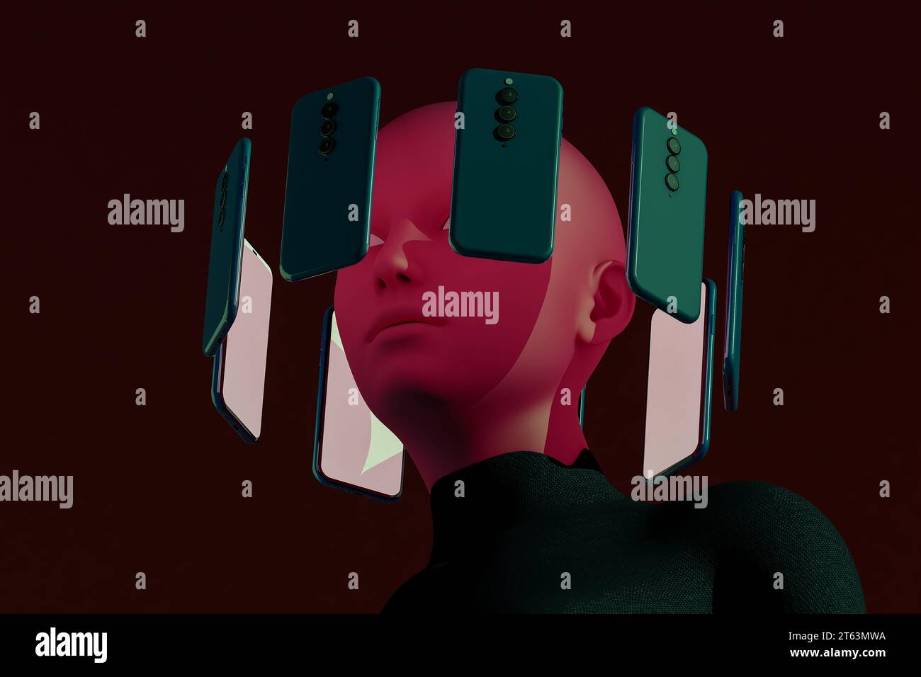 A woman with multiple cell phones balancing on her head showing ...