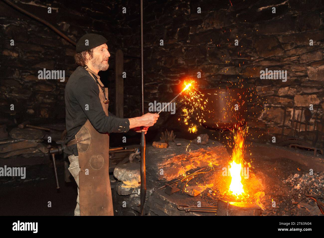 A focused blacksmith in traditional attire stands by a blazing forge ...