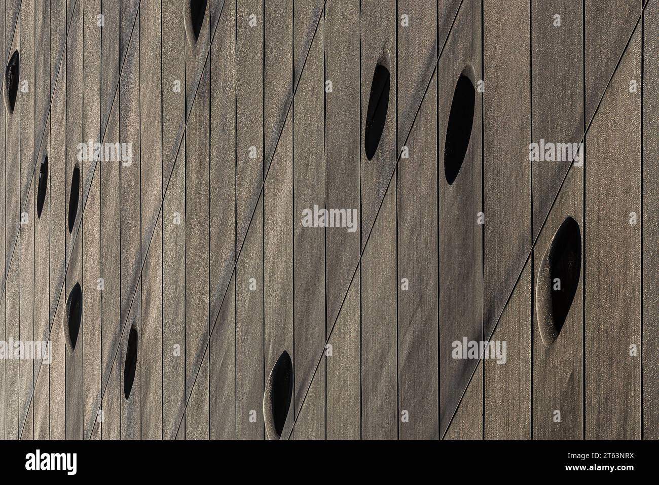 Close-up view of a concrete facade with elongated oval cutouts ...