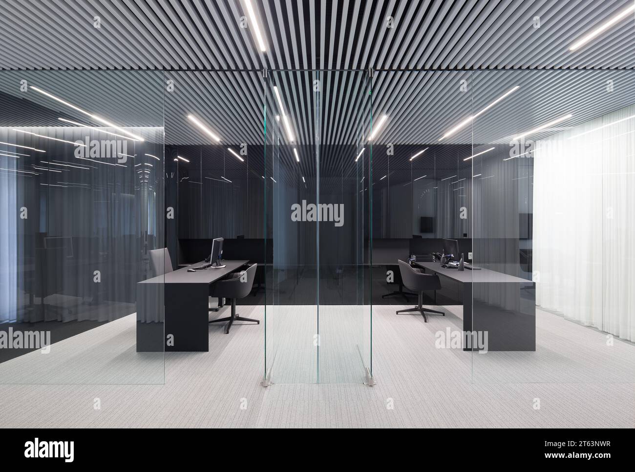 An upscale office interior emphasizing bold patterns with stripe ...