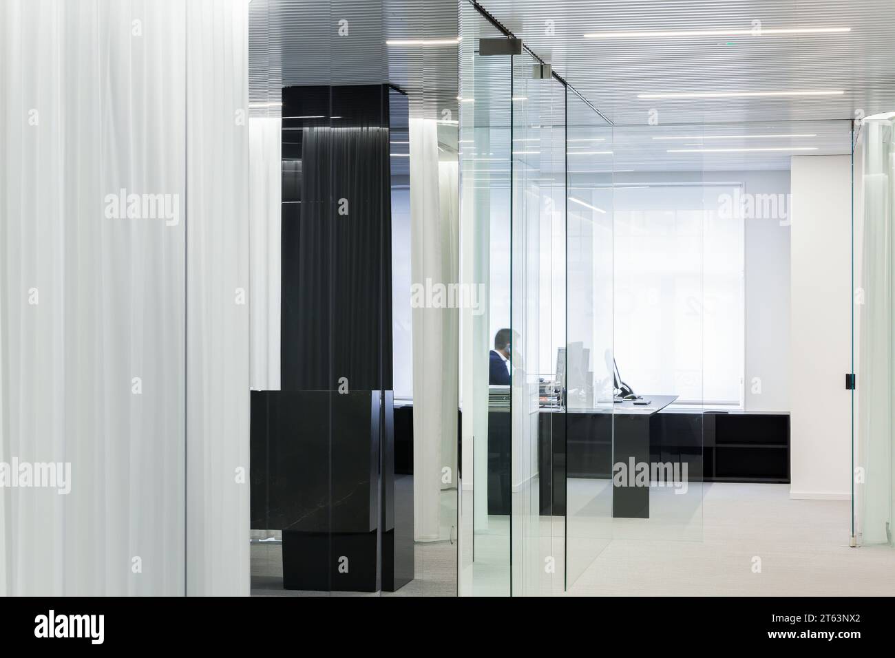 A side view of a modern office showcasing vertical black accents ...
