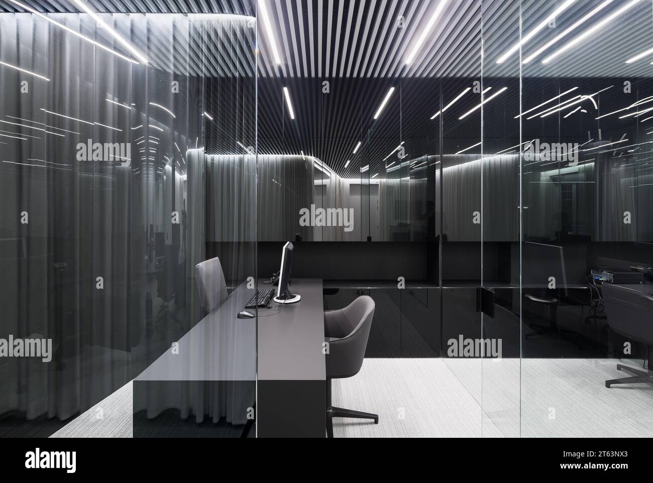 An office interior emphasizing bold patterns with stripe-designed ...