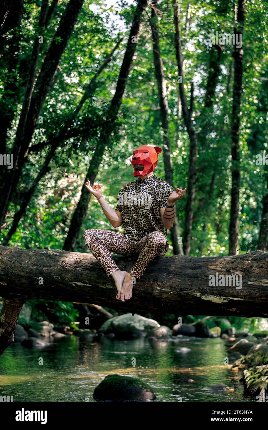 Anonymous male dressed as cheetah with red mask sitting on tree trunk ...