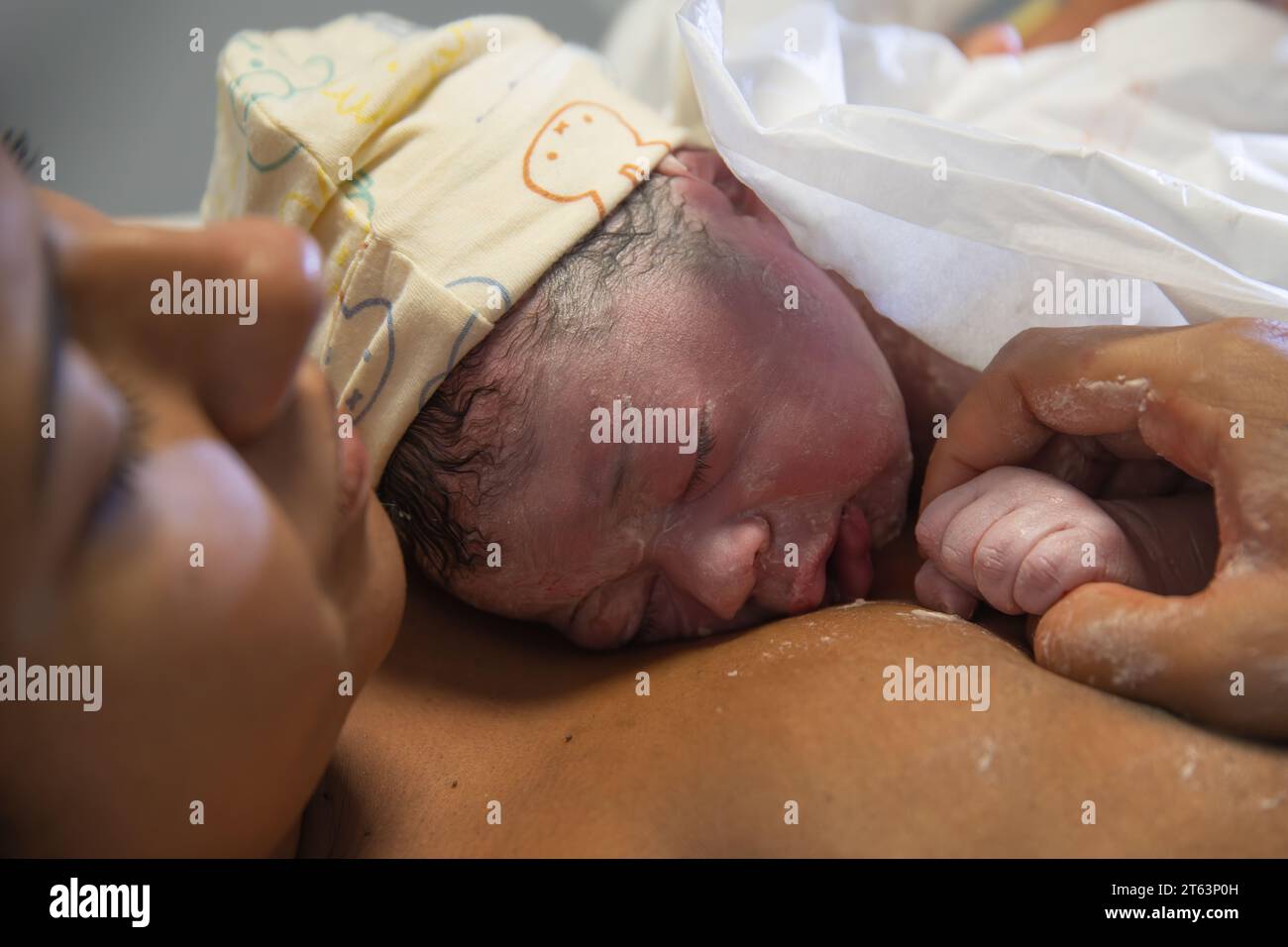 A newborn baby resting on the chest of the mother, both wrapped in a ...