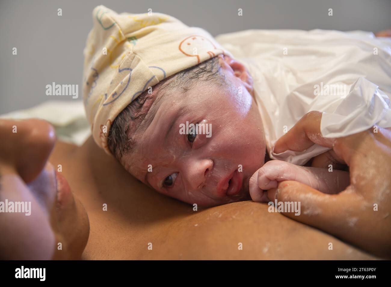 A newborn baby resting on the chest of the mother, both wrapped in a ...