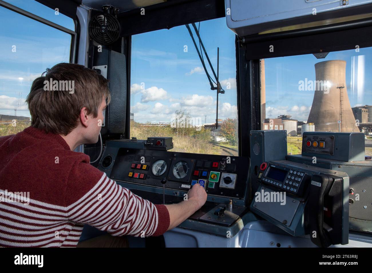 Journalist Jim Waterson taking part in a Pacer Train driver experience ...