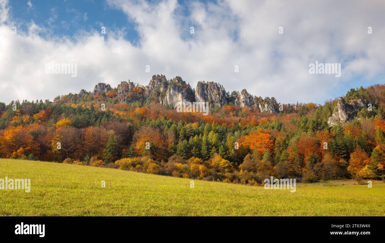 Autumn mountain landscape with a rocky hills. The Sulov Rocks, national ...