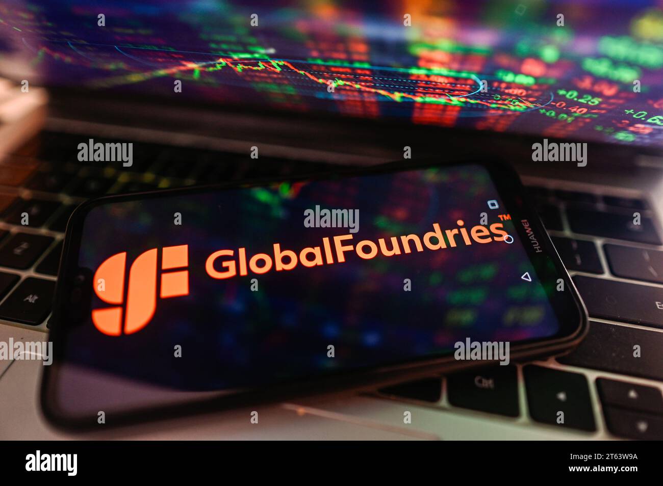 In this photo illustration, a Global Foundries logo is displayed on a ...