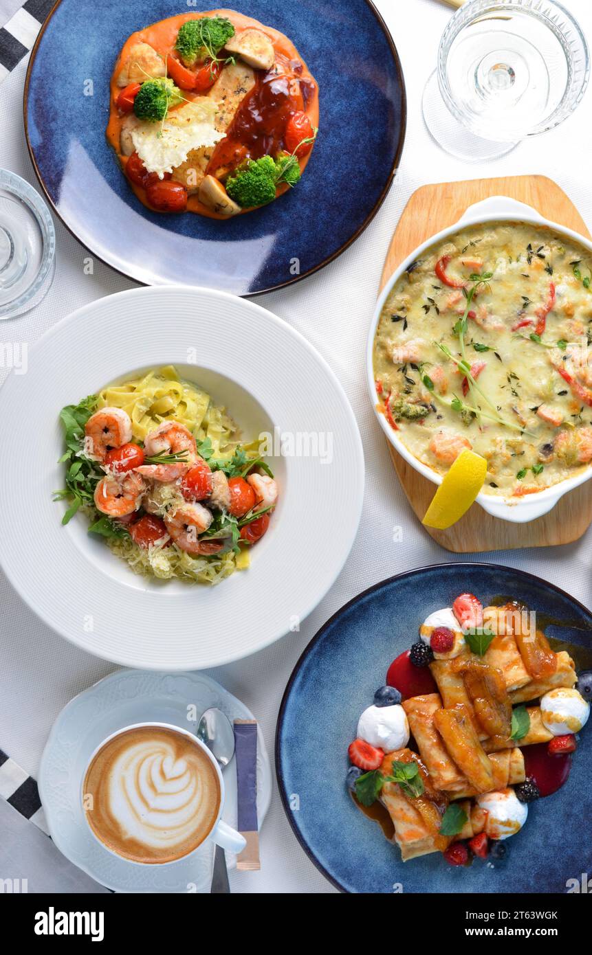 Tasty Restaurant Food Top View, Different Dishes on a Table, Pasta with ...