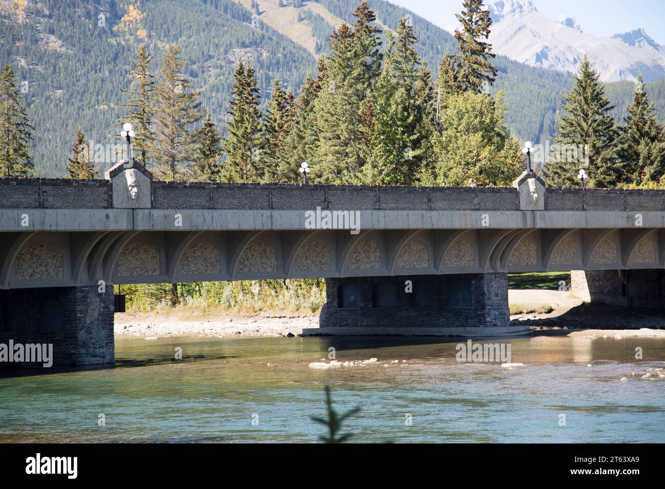 First Nations reliefs on the Bow River Bridge, Banff, Banff National Park, Alberta, Canada Stock ...