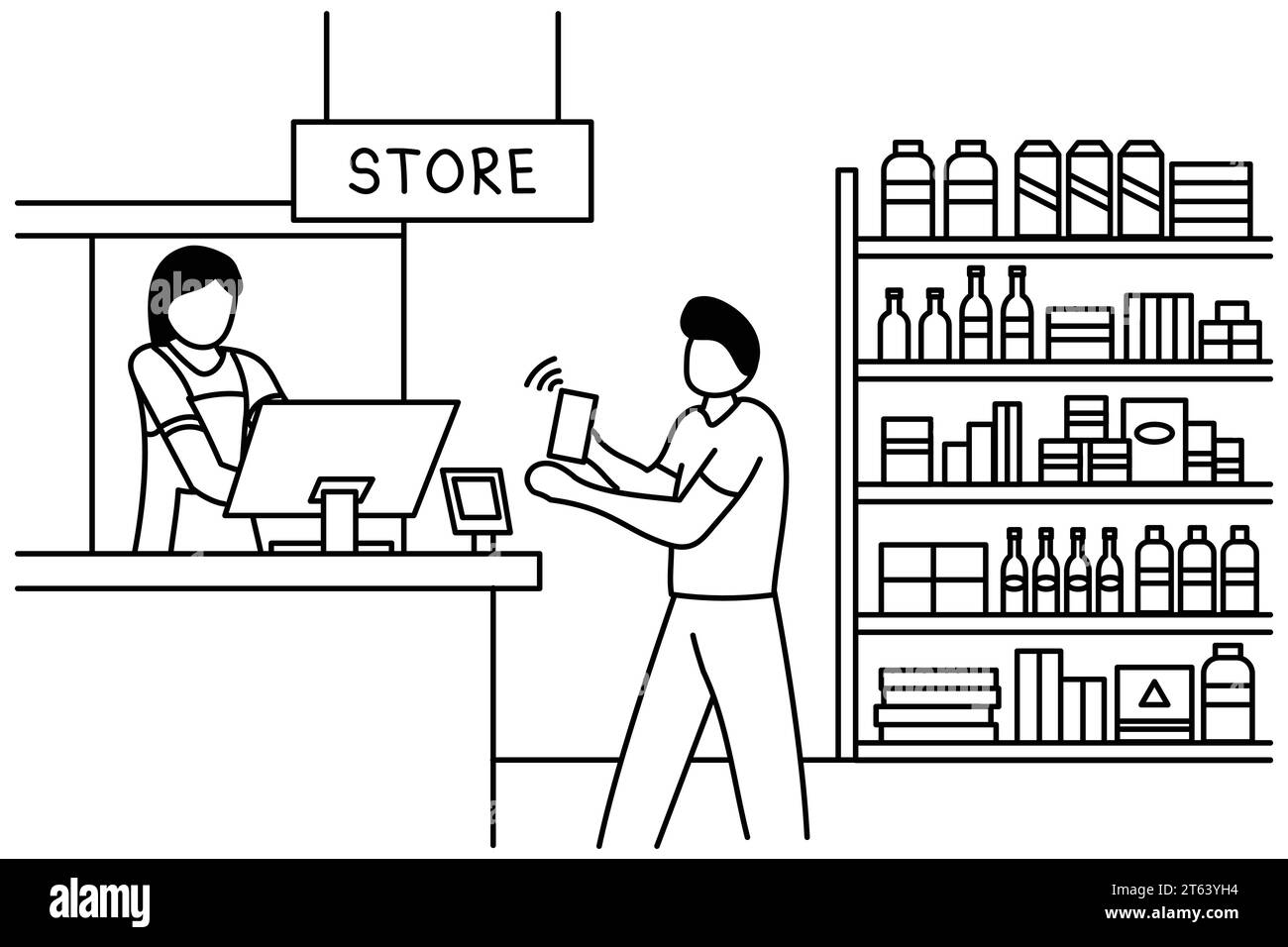 Illustration of two people making contactless payment in a shop or ...
